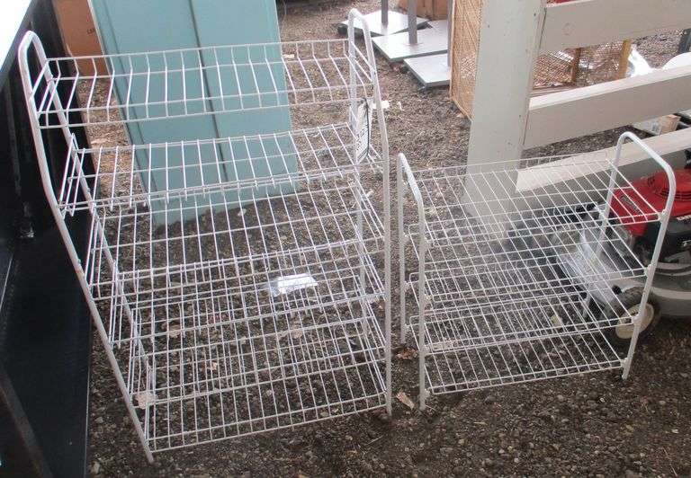 (2) White metal racks, 24" W x 12"D x 26"H and 26"W x 12"D x 41"H, fair ...
