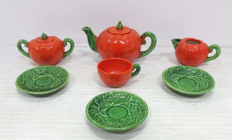 Miniature pumpkin themed tea set, includes: Teapot, 1 1/2"H, chip on ...