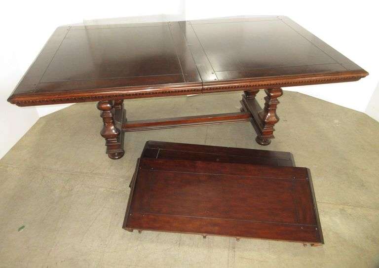 Dark wood farmhouse style ornate based dining room table with (2 ...