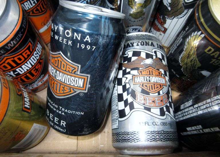 (18) Harley beer cans, all are full and different, for display only ...