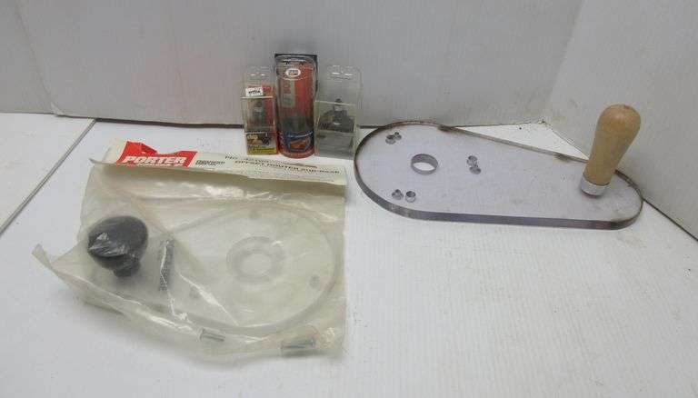 (2) Porter Cable offset router sub base, and (3) Router cutting bits ...