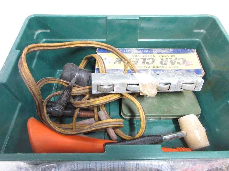 Garage/auto items, includes: Car vacuum, rubber mallets, funnel, jumper ...