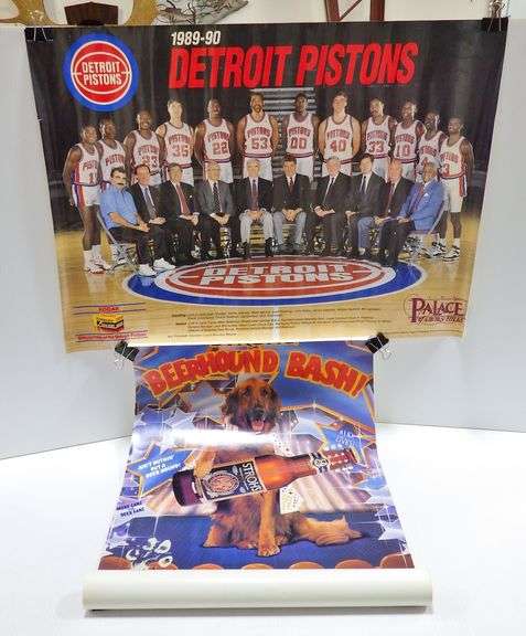 1989-90 Detroit Pistons poster, 25" x 18"; Stroh's Beer Hound bash ...