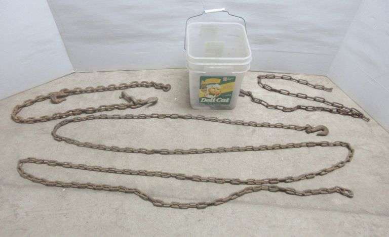 Group of (8) lengths of logging chains, all have hook on one side, from ...