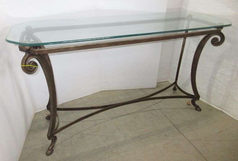 High end antique solid wrought iron sofa/entry table with beveled glass ...