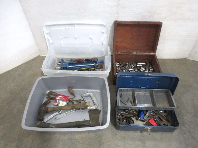 Wood box, includes: 3/8" and 4 1/2" ratchet set; Tool box, includes ...