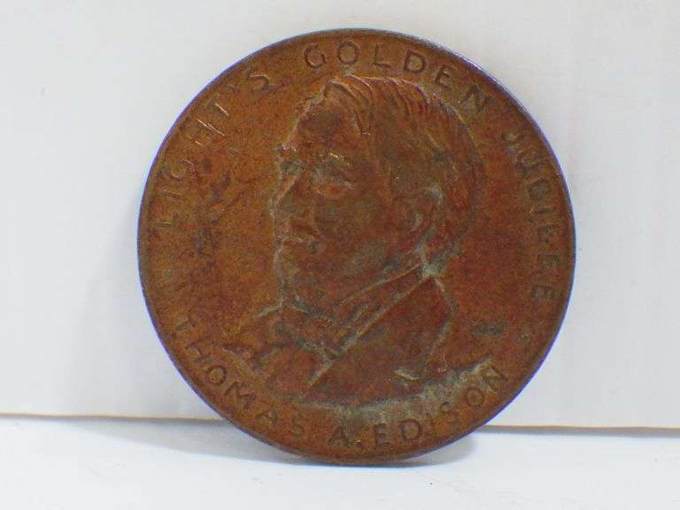 1929 Thomas Edison "Light's Golden Jubilee" brass coin, "Dedicated to ...