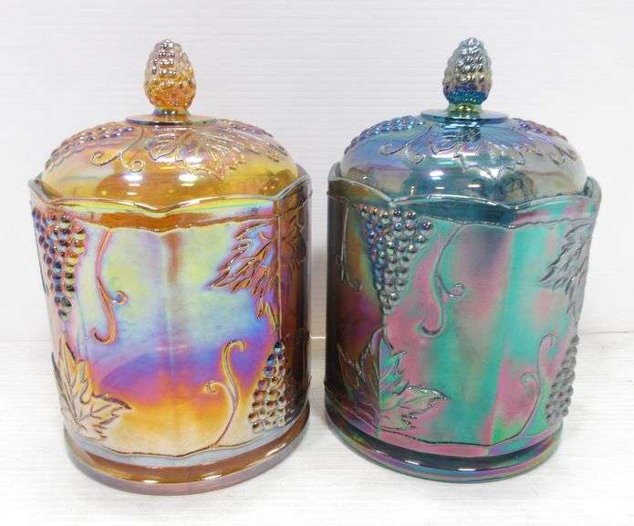 (2) Large size iridescent carnival glass, lidded canister jars, 6"H ...