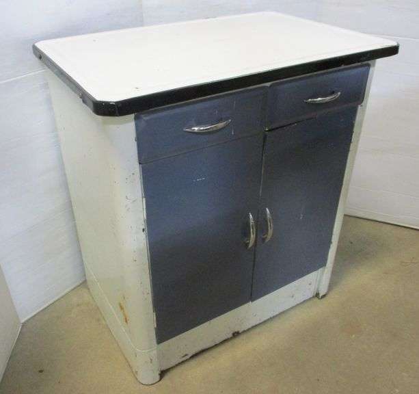 Mid-Century porcelain enamel metal two drawer, two door kitchen cabinet ...