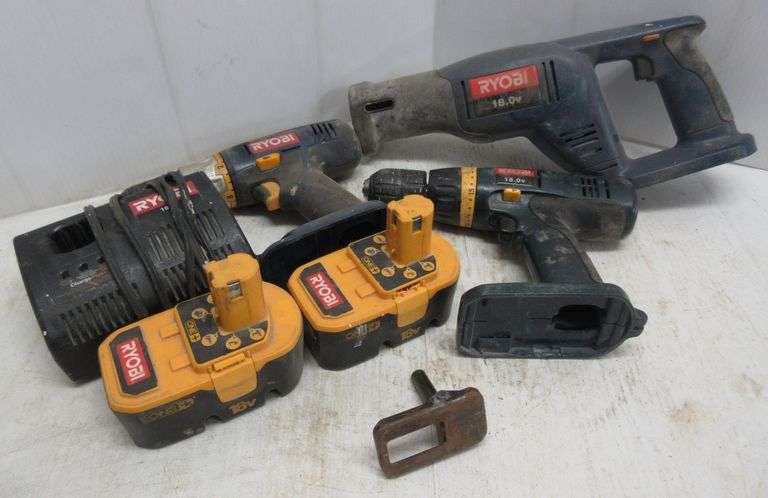 Various Ryobi tools, includes: (2) Batteries: One- 18V P100; 18V P110 ...