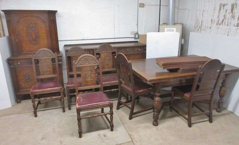 Antique dining room set, includes: Table, 64" x 30 1/2" x 42", extends ...