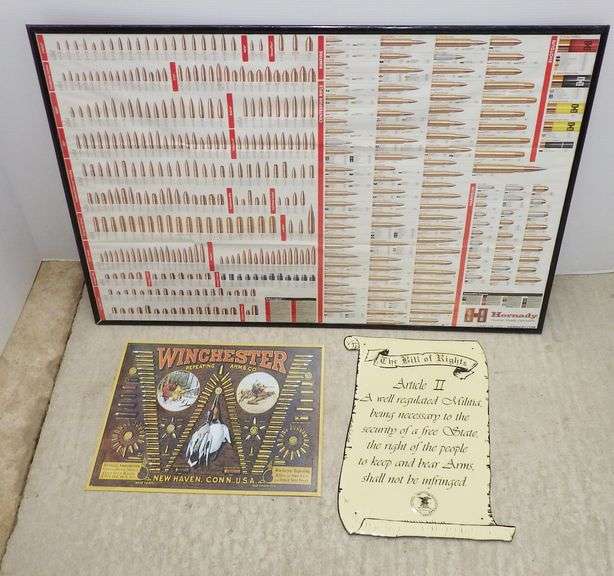 Hornady ammo poster, 24" x 36", two metal signs - Albrecht Auction Service