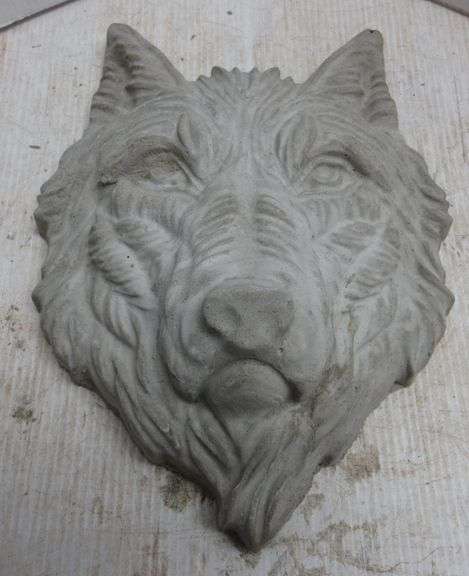Concrete wolf statue, 10"W x 13"H, good - Albrecht Auction Service
