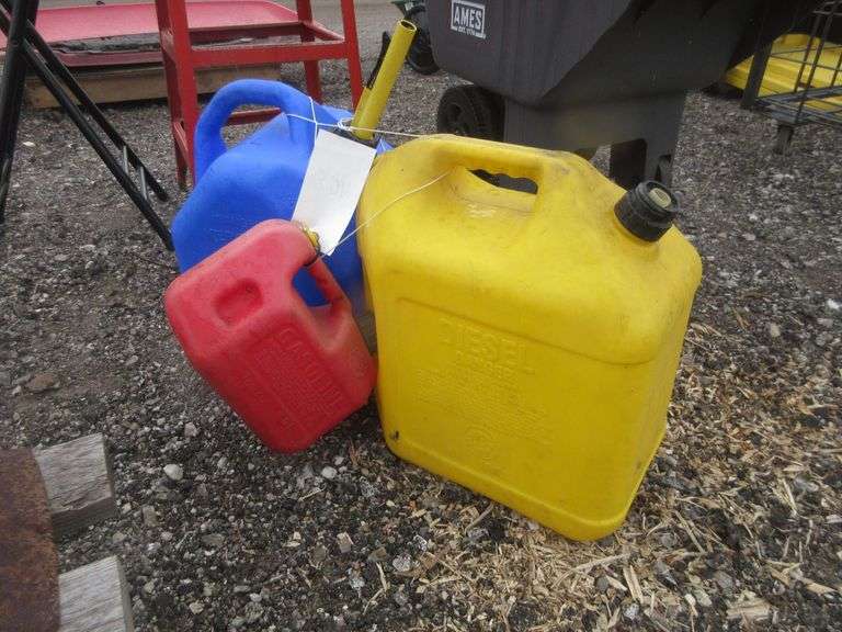 5-Gallon diesel can, 5-Gallon kerosene can, and 1-gallon gas can ...
