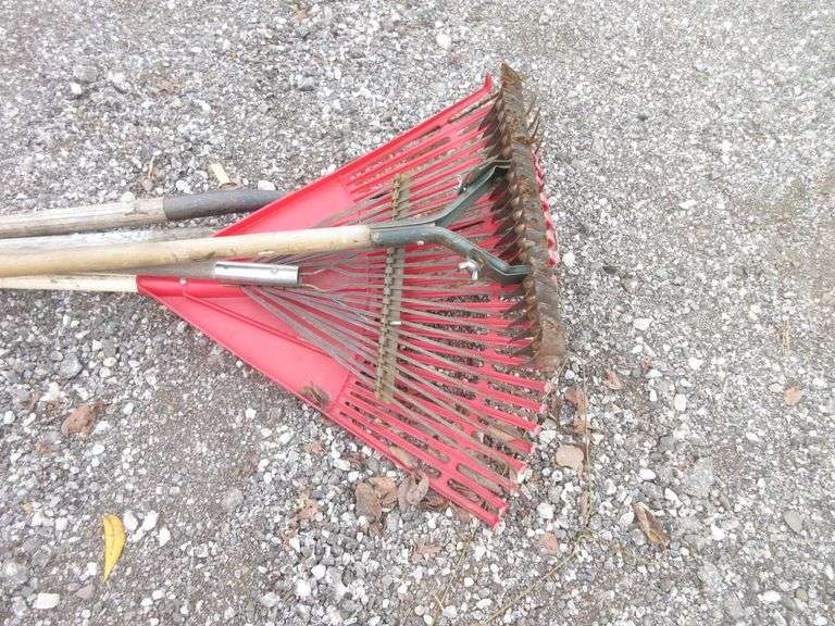 (3) Different types of rakes, shovel, and pitchfork - Albrecht Auction ...
