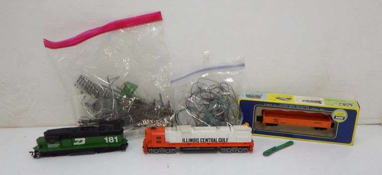 (2) HO Train Engines, Gondola Car, layout accessories, and more ...