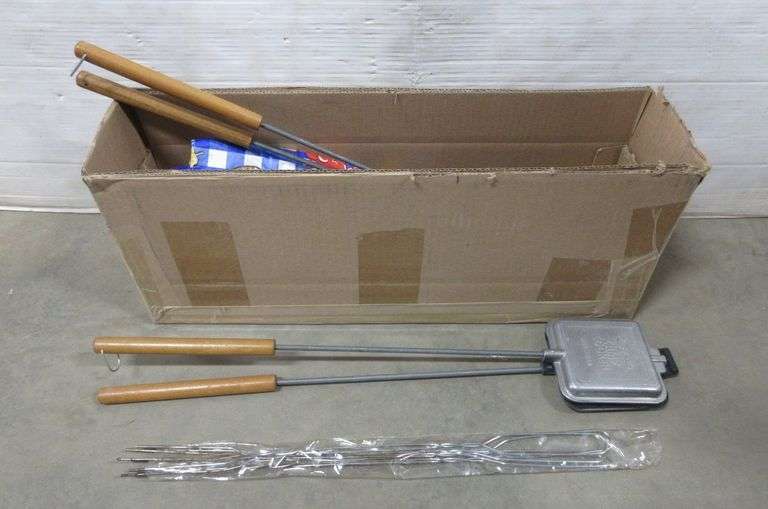(2) Non-stick hobo pie makers, new; Extendable campfire hot dog fork ...
