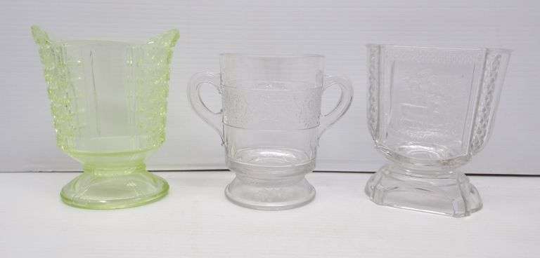 EAPG 2-panel vaseline glass yellow topaz spooner, 5"H; EAPG Acorn band ...