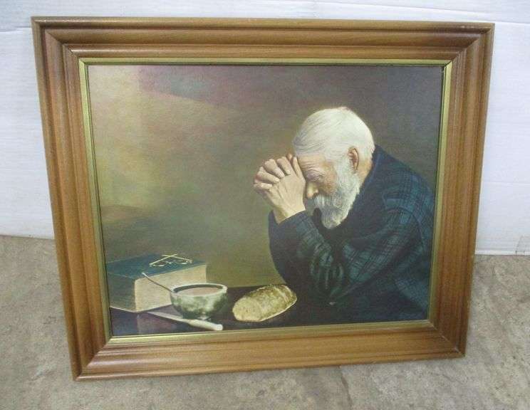 1960s Eric Enstrom "Grace" print of man praying over bread, in a solid ...