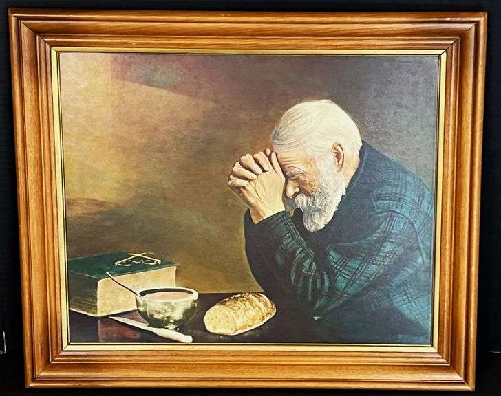 1960s Eric Enstrom "Grace" print of man praying over bread, in a solid ...