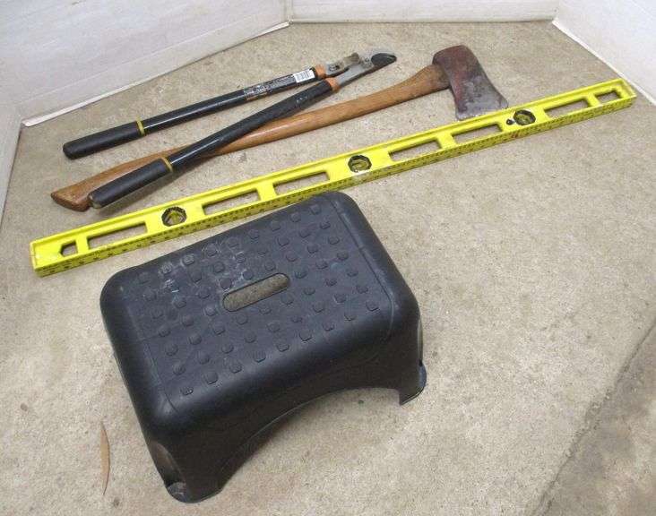 Vintage axe, 36"L with handle; 48" Level; Fiskars nippers, cuts two ...