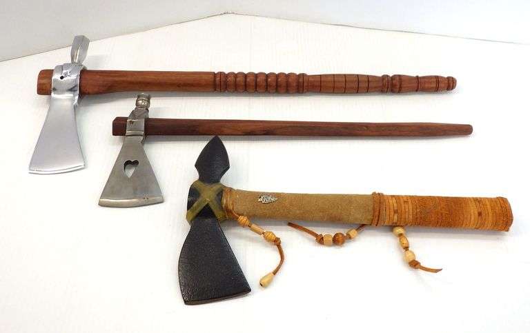 3-Piece Indian Tomahawks, One- 11 1/2" Throwing tomahawk, One- 19" Peace pipe tomahawk, One- 15 ...
