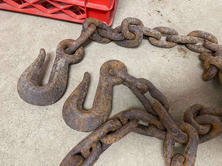 Pair of heavy duty logging chains, both are 15'L, one has 5/8" hook ...
