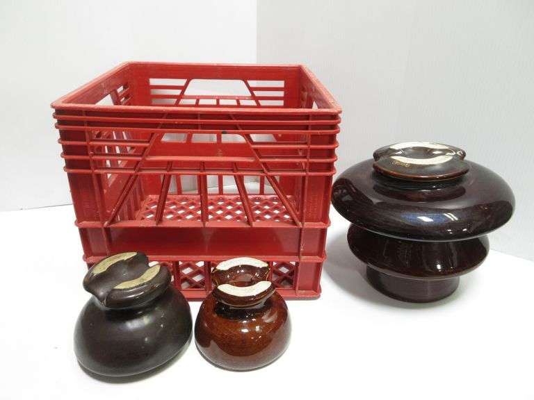 (3) Wilson milkcrate antique insulators, includes: 1- Pinco 63, 5"Dia x ...