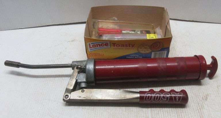 Alemite A500 grease gun with box of new tips and couplings, and more ...
