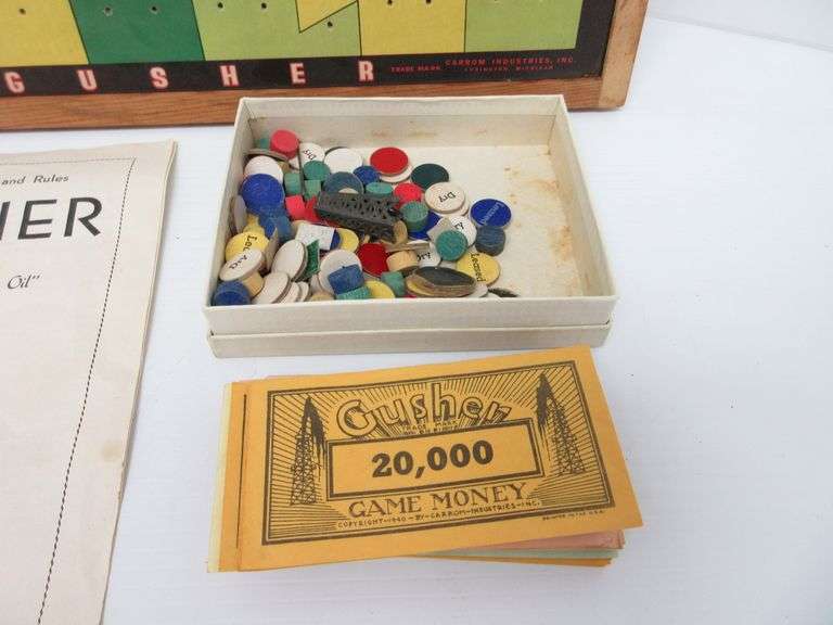 1946 Gusher game board and playing pieces, Carrom Industries, Ludington ...