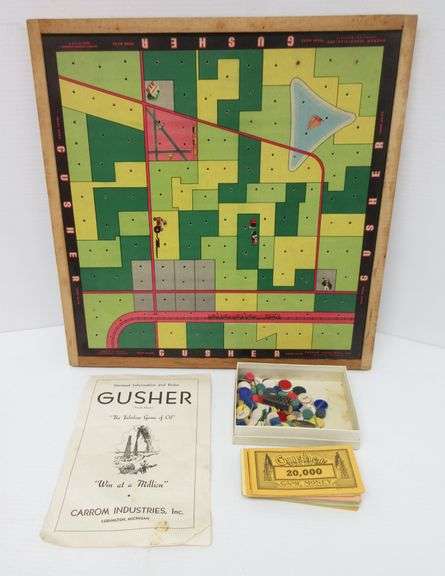1946 Gusher game board and playing pieces, Carrom Industries, Ludington ...