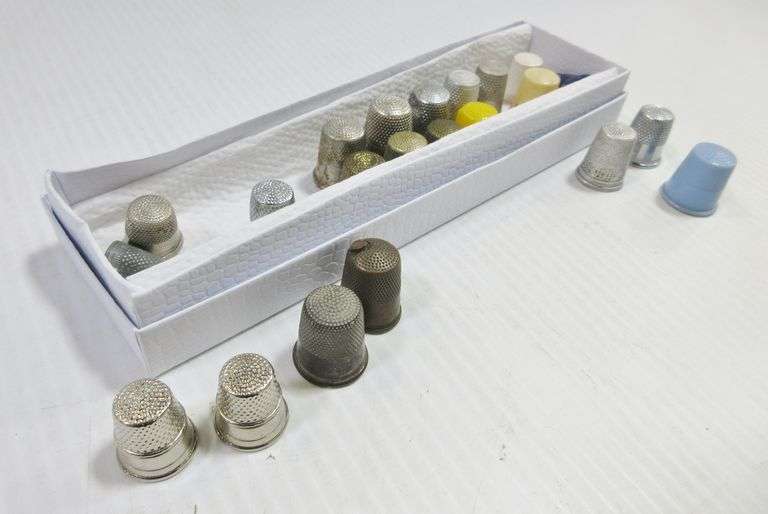 (22) Vintage thimbles, different sizes, some with names and advertising ...