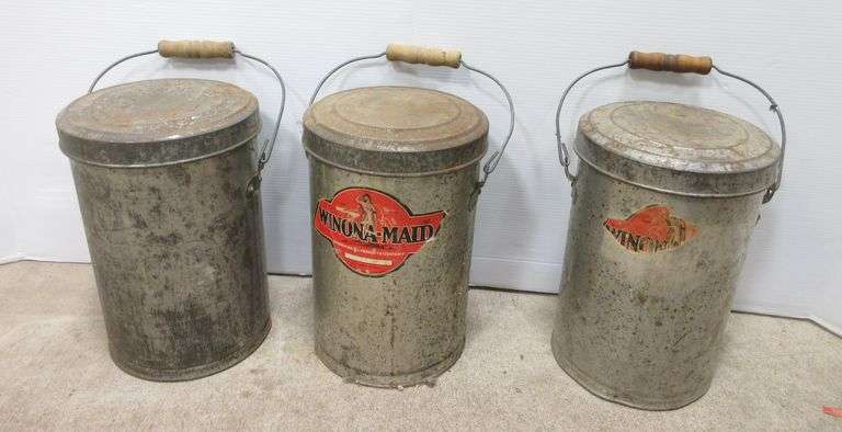 (3) Rustic tin buckets, All- 13 1/2"H, rusty - Albrecht Auction Service
