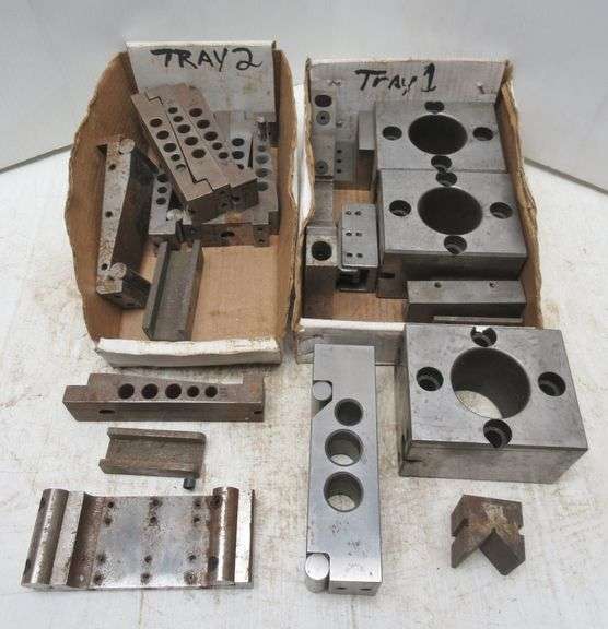 (2) Trays of various machinist sine bars, V-blocks, and fixtures ...