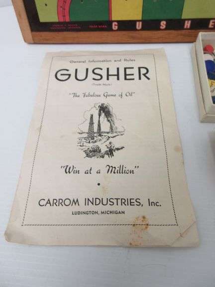 1946 Gusher game board and playing pieces, Carrom Industries, Ludington ...