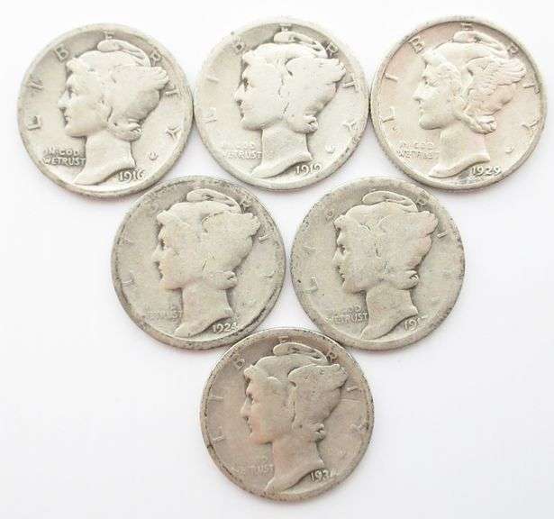 (6) Mercury silver dimes, includes: 1916, 1919, 1917, 1934-D, 1924-D ...