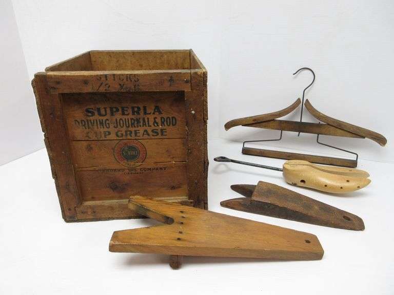 Antique standard oil Superla rod and journal grease wood box; (2) Boot ...