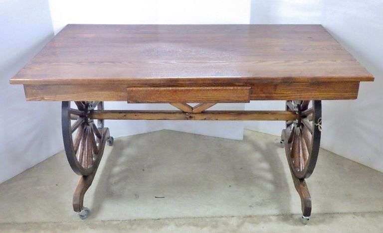 Handmade oak western style table with amish made wheels and drawer on ...