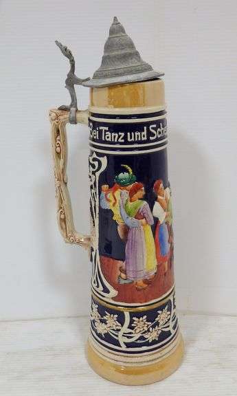 Gerz German beer stein with lid, "Bei Tanz und Scherz Bleibt Froh das ...