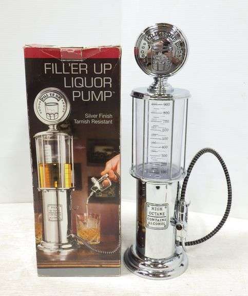 Filler-up liquor pump, box- 18"H - Albrecht Auction Service