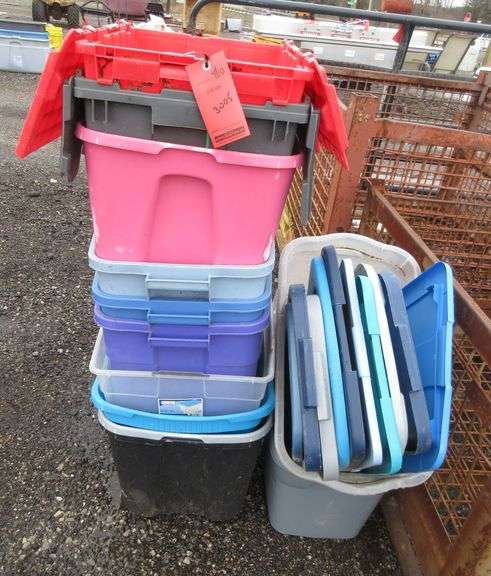 Stack of totes, many different sizes, fair, dirty, heavy wear ...