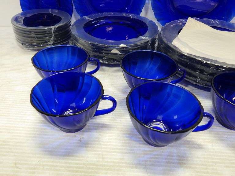 Blue glass dishes, service for eight, 8 each of the following, include ...