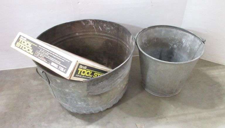 Metal bushel basket and metal pail; Tool stool, NIB - Albrecht Auction ...