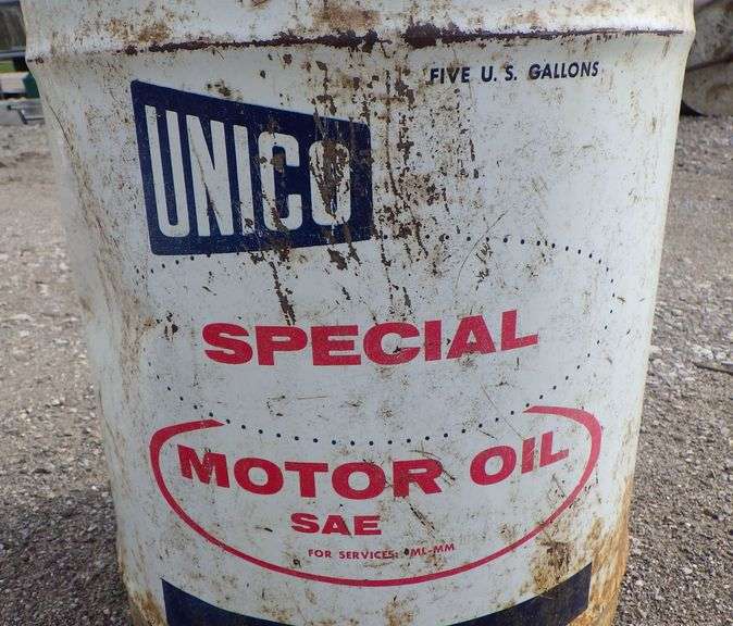 5-Gallon steel Unico motor oil can, some rust, G.P. & J. Co. 5-28-1965 ...