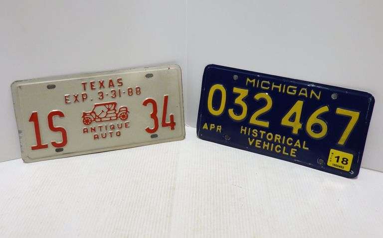 (2) License plates, includes: 1- Michigan "Historical Vehicle" plate; 1 ...