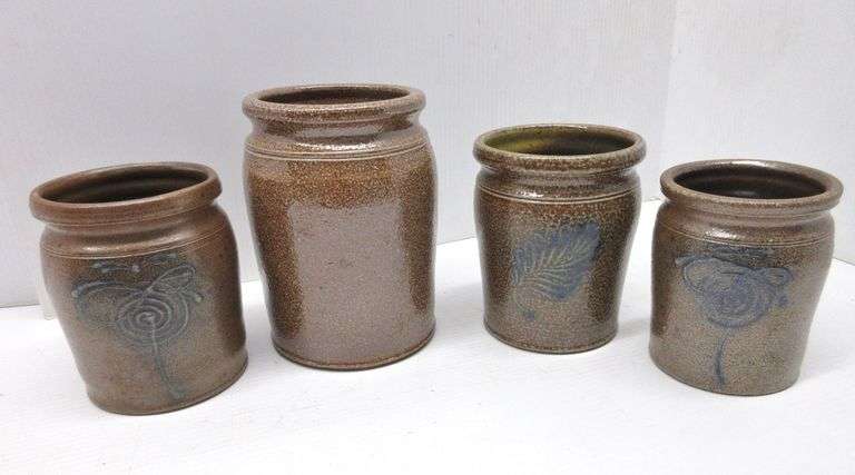(4) Small salt glazed pottery stoneware crocks, Crocker & Springer, up ...