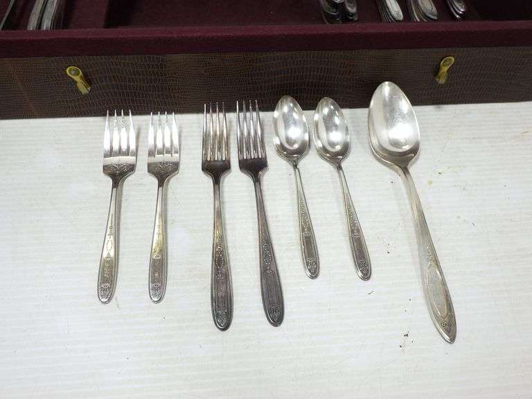 (36) Pieces of antique community plate flatware in a Nakens tarnish proof silverware chest, from ...