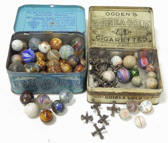 (2) Older tins filled with old jacks and marbles, Tins- 4"W, great for ...