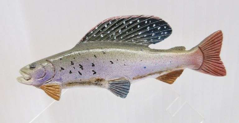 Arctic Grayling pin, hand wood carving, original by Fred Kinne, 3"L ...