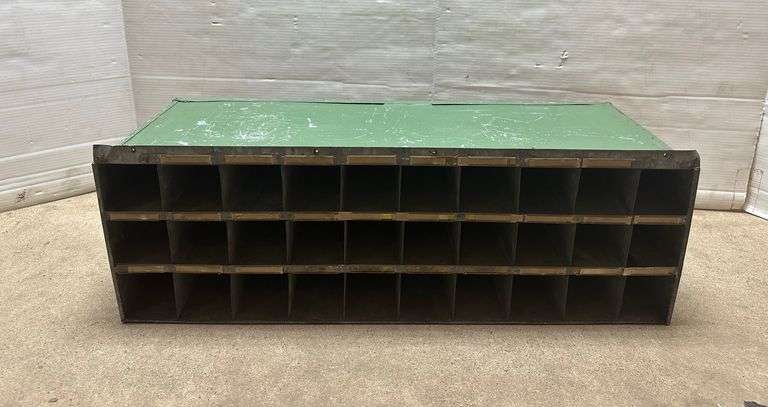 Metal cubby box with chippy green paint, 31"W x 12'D x 10 1/2"H, solid ...